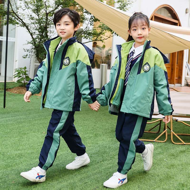 小学生冲锋衣校服三件套班服幼儿园园服套装绿色运动秋冬装一年级