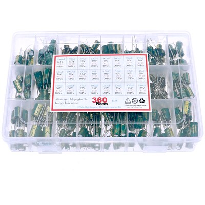 24种360个(1uF~1500uF)10V-63V高频低阻滤波绿金铝电解电容器套装