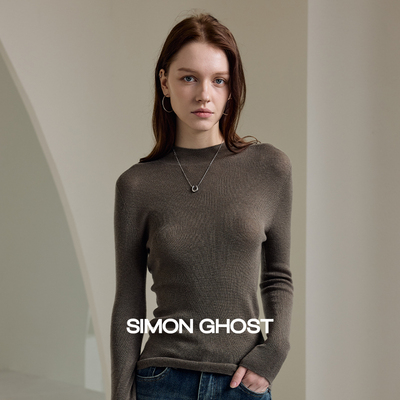 SIMON GHOST 女士羊毛衫秋季针织绵羊毛休闲黑色灰色圆领上衣毛衫