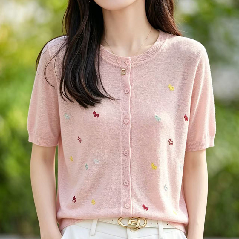 夏季新款竹节麻针织短袖开衫t恤女宽松百搭圆领刺绣上衣半袖薄款