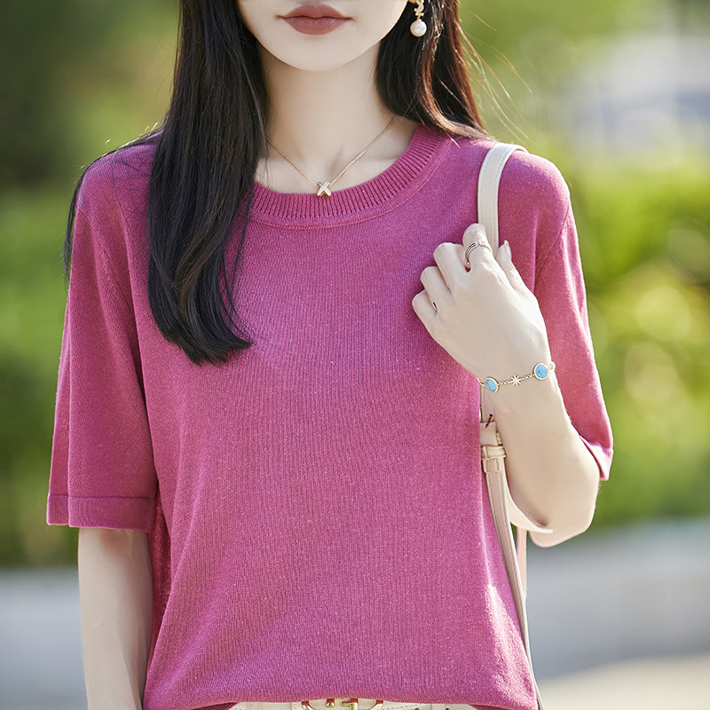 温柔慵懒风天丝亚麻圆领短袖针织衫女简约宽松显瘦百搭打底衫上衣