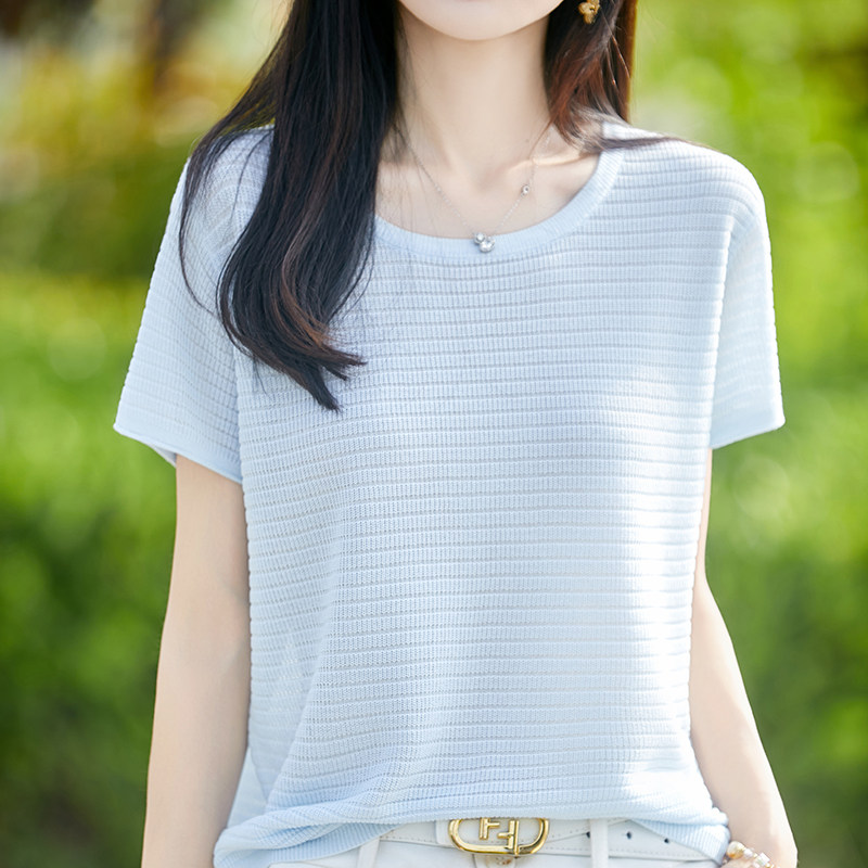 2026夏新款短袖女圆领竹节麻薄款针织半袖宽松显瘦高级感t恤上衣