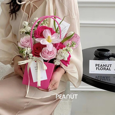 马卡龙色系手提插花盒梯形沙龙diy花篮康乃馨包花袋防水牛皮纸袋