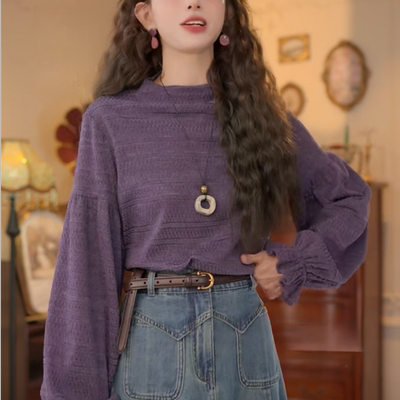 港风复古暗纹纯色宽松百搭长袖T恤2025秋冬新款打底上衣