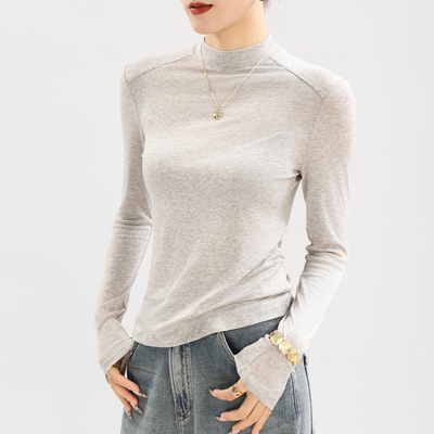 立领莱赛尔天丝羊毛打底衫女灰色