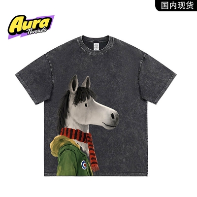 【品牌现货】AURA THREADS创意趣味马匹印花宽松T恤男女潮牌短袖