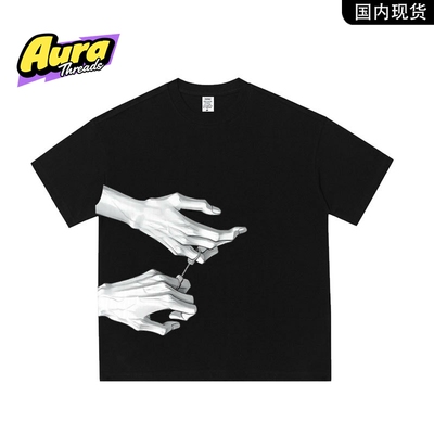 【品牌现货】AURA THREADS创意手部印花短袖T恤男女宽松纯棉上衣