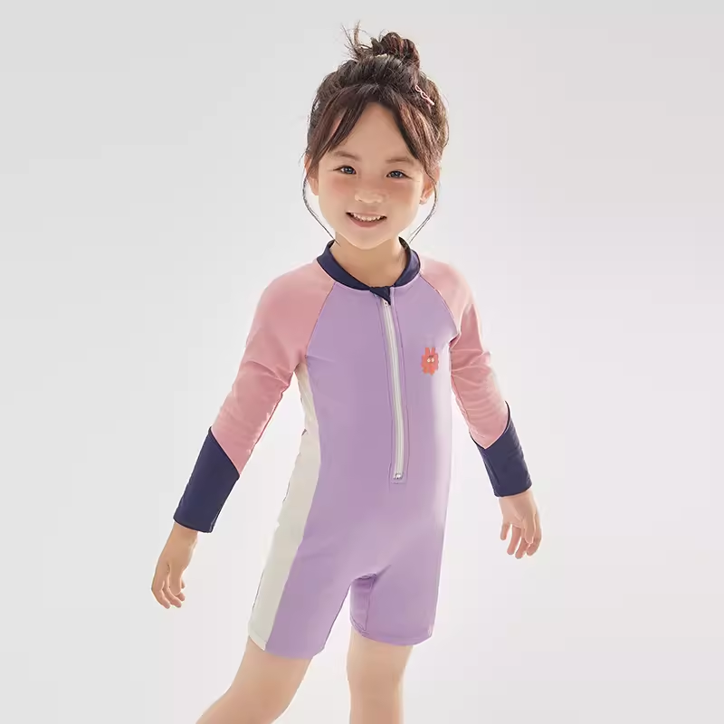 AMLLIVE儿童泳衣女孩长袖连体中小童防晒速干平角保守女童泳装