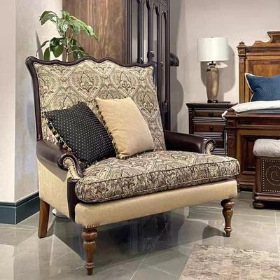 美式乡村家具情人椅皮布结合高背椅实木复古客厅双人 提花沙发