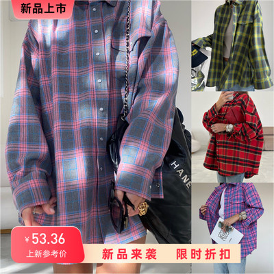 欧美复古翻领宽松衬衣格纹长袖口袋衬衫 Lapel loose plaid shirt