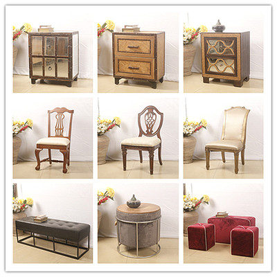 美式复古做旧木质椅子斗柜家具
