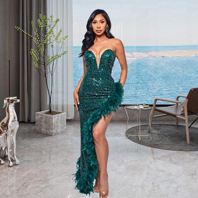 Women's strapless backless sequined feather dress