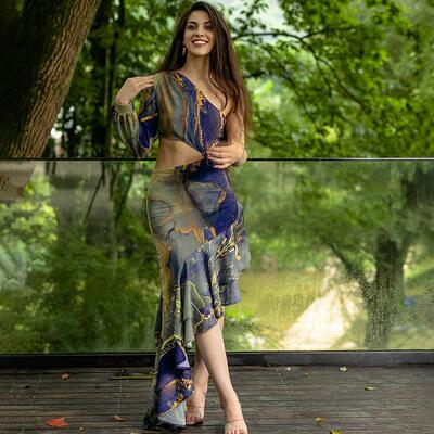 Off Shoulder Slant Shoulder Printed Open Umbilical Dress