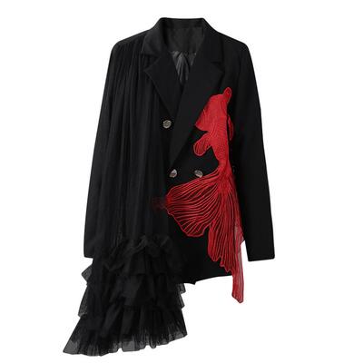 Embroidered goldfish patchwork mesh suit jacket for women