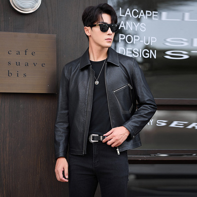 时尚绵羊皮真皮皮衣男翻领皮夹克修身潮男爸爸装真皮外套10-28063