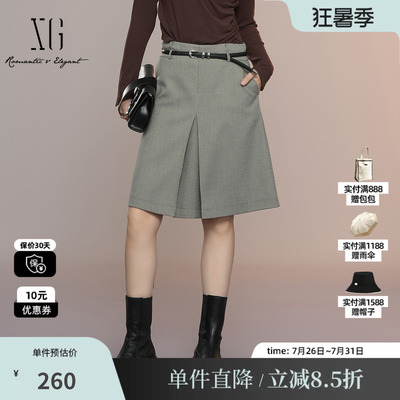 XG/雪歌XK303015B595格纹半身裙2025秋季新款中长款开叉包臀裙女