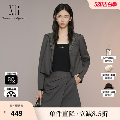 XG/雪歌XK307016A490 深灰色连帽短外套西装拼接皮衣长袖短外套女