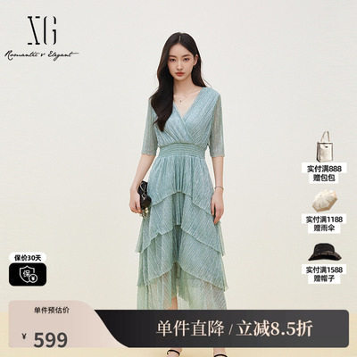 XG/雪歌XK204110A945湖水绿亮丝V领短袖连衣裙松紧收腰蛋糕伞裙女
