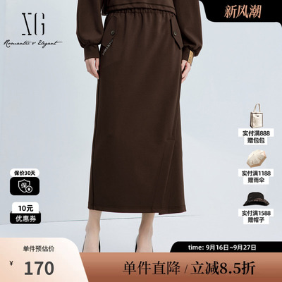 XG/雪歌XJ303004A372深咖色亮钻半身裙2025秋季新款开叉中长裙女