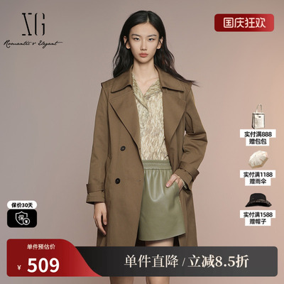 XG/雪歌XK308001A209咖色棉感风衣2025秋季新款系带中长款外套女