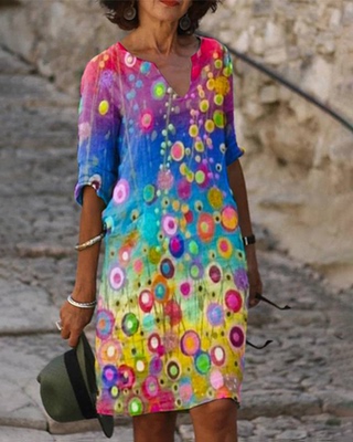 家居街头v领五分袖连衣裙