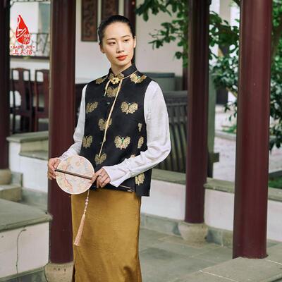 宋锦马甲黑金蝴蝶中式马夹