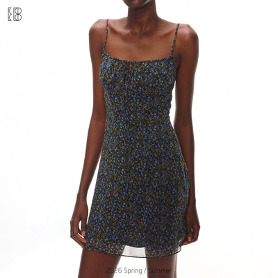 【Coco喜欢】* 复古碎花连衣裙 * 夏日雪纺收腰可调节吊带裙