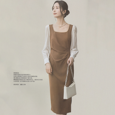 专柜739【熠】春装 法式珠子镶边U领套头衬衫袖连衣裙033