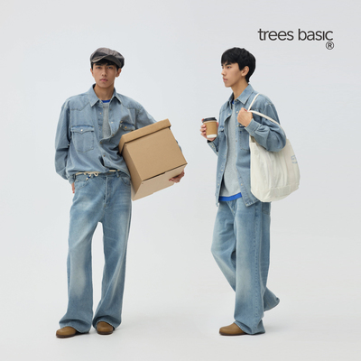 TreesBasic全棉8oz经典复古牛仔水洗蓝宽松长袖衬衫2026年新款春