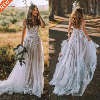 Boho Open Back Wedding Dress with Square Neckline Sleeveless