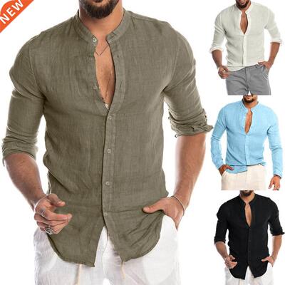 New Men's Casual Blouse Cotton Linen Shirt Loose Tops Sh