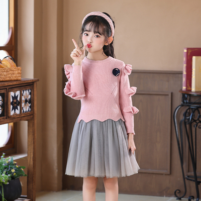 儿童针织连衣裙秋春季纯色甜美公主裙小女孩新款童装毛衣裙子女童