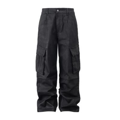 ATHIRI 手工喷蜡涂层工装Baggy Cargo大口袋宽松阔腿重磅牛仔长裤