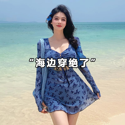 复古碎花纯欲泳衣女连体裙式保守长袖防晒水上乐园沙滩海边0107r