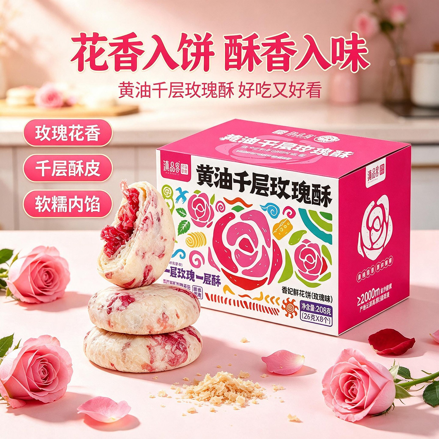 黄油千层玫瑰酥云南特产香妃鲜花饼网红解馋小零食糕点下午茶甜品