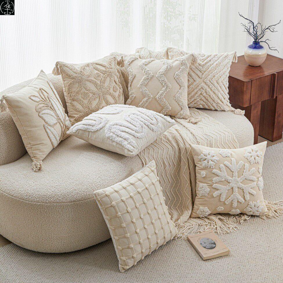 Cream woven tuft pillow sofa tassel embroidery cushion cover