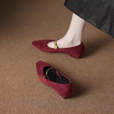 MK&DK香港真皮玛丽珍鞋女2025新款夏安可拉红小香风尖头浅口单鞋