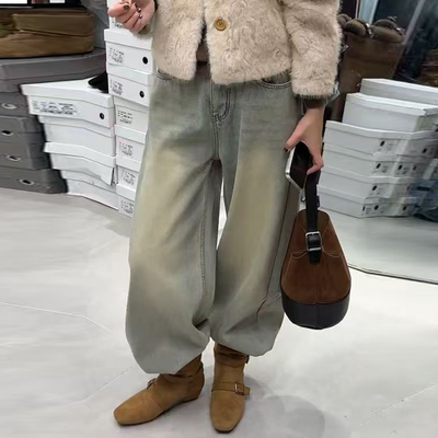 高腰显瘦阔腿加绒牛仔裤女2025秋冬新款宽松直筒弯刀拖地休闲长裤