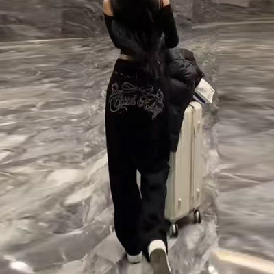 高街黑色烫钻字母印花设计感小众休闲裤女秋冬加绒阔腿弯刀拖地裤