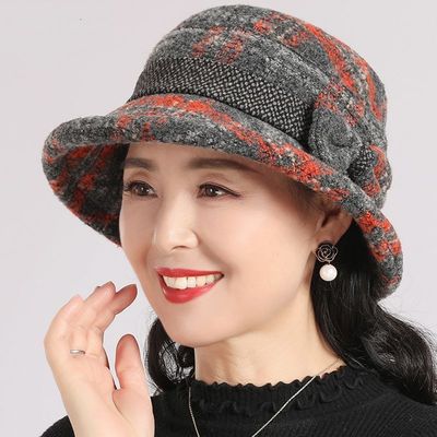 中老年秋冬保暖针织格子加厚盆帽