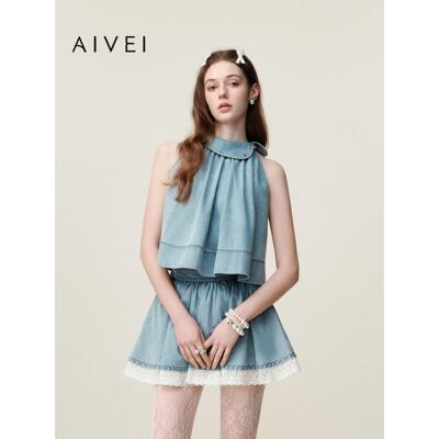 AIVEI欣贺艾薇2026夏季新纯欲牛仔挂脖上衣法式无袖背心XSV3S29B