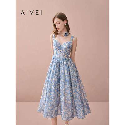 AIVEI欣贺艾薇2025夏季多巴胺海边度假吊带印花连衣长裙XRV3L06A