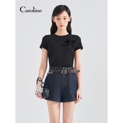 Caroline卡洛琳2026夏季新款丝绒蝴蝶结短袖修身T恤ESC2T02C
