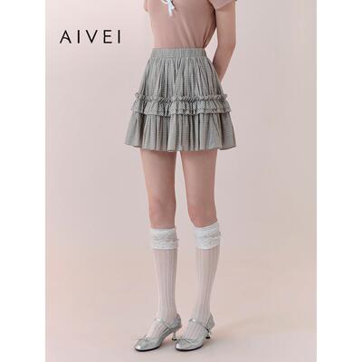 AIVEI欣贺艾薇2026春夏日杂小个子文艺松紧腰腰格子短裙XSV1Q11B