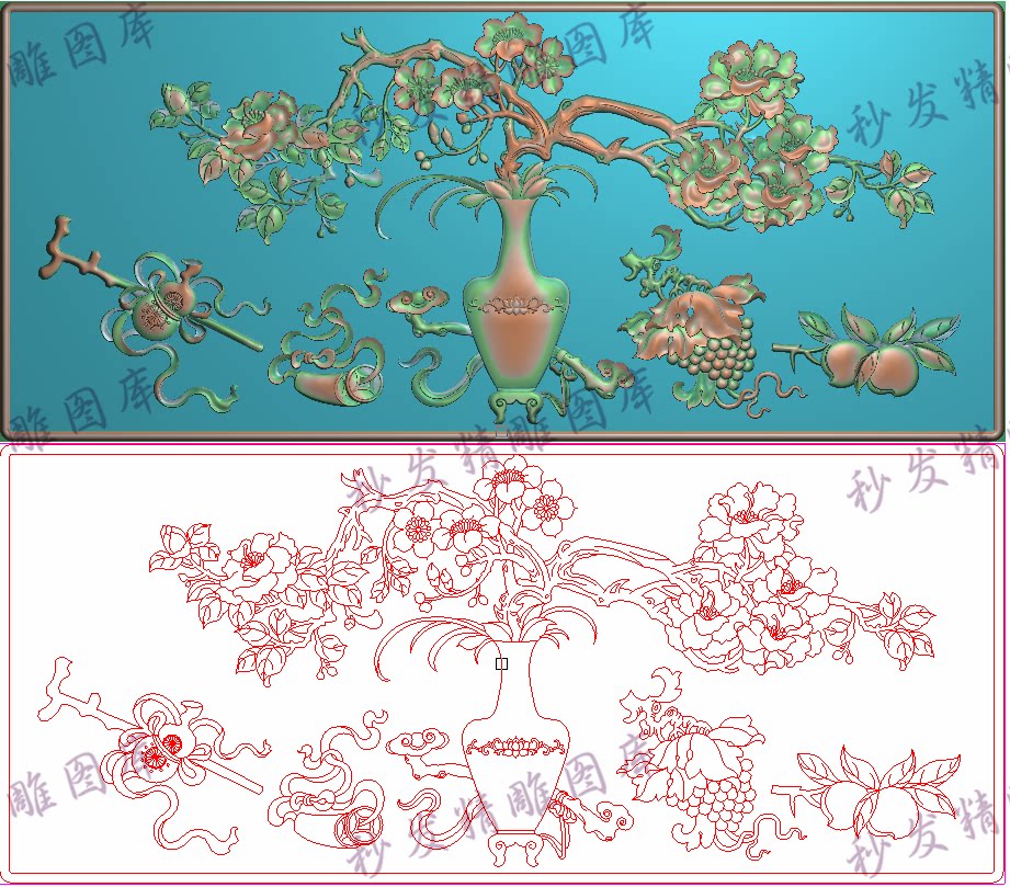 梅花茶花如意花瓶精雕图jdp铜钱葫芦葡萄桃子横板背板510x224浮雕