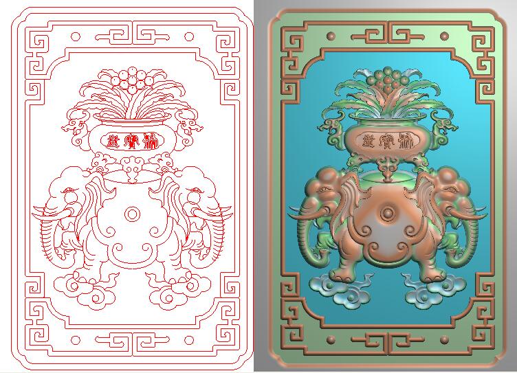 精雕图灰度图浮雕石砖雕精品1大象聚宝盆兰花花瓶背板门板190x285