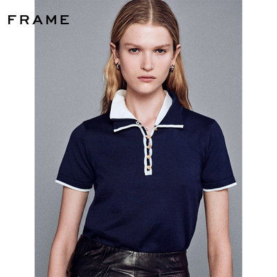 【春夏款】FRAME女士复古纯色翻领镶边POLO衫短袖T恤 新款