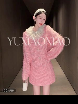 香榭花蕊含羊毛立体花边连肩蝙蝠袖小香外套+包臀半裙俩件套8063