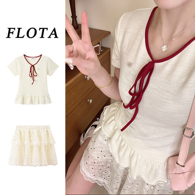 【flota】蝴蝶结绑带正肩短袖T恤女夏季温柔风小个子上衣女1338