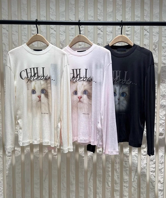 MC长袖T恤2025夏新品棉质柔软宽松显瘦落肩小猫印花复古做旧EET13